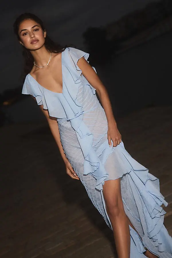 Macaroon Pintuck Ruffled Chiffon Maxi Dress