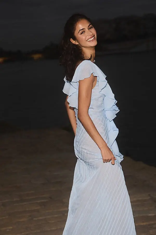 De La Vali Macaroon Pintuck Ruffled Chiffon Maxi Dress In Blue - 30% Off |  Editorialist