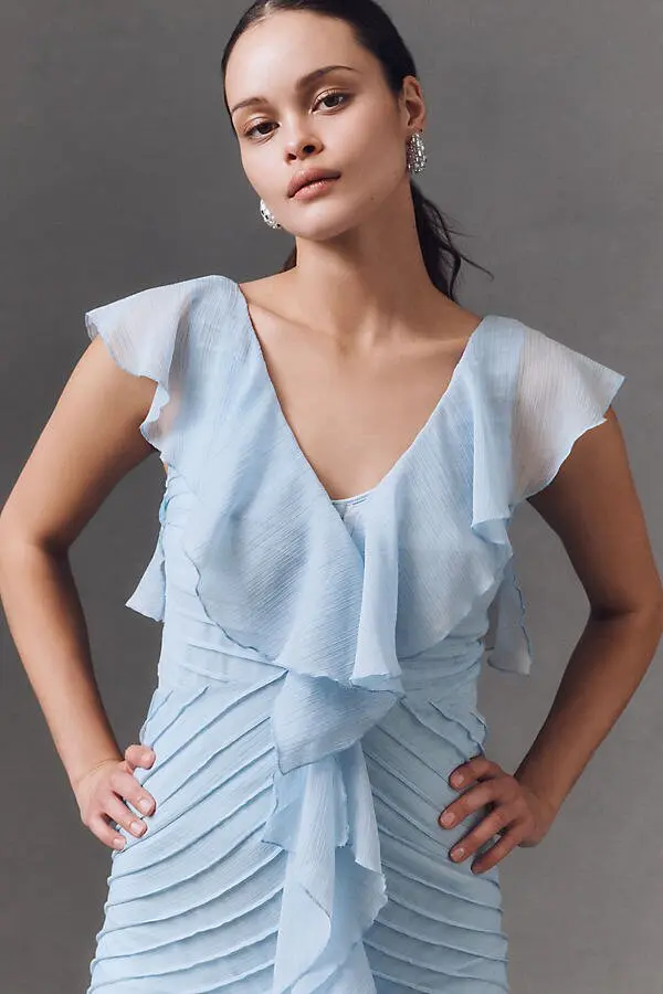 De La Vali Macaroon Pintuck Ruffled Chiffon Maxi Dress In Blue - 30% Off |  Editorialist