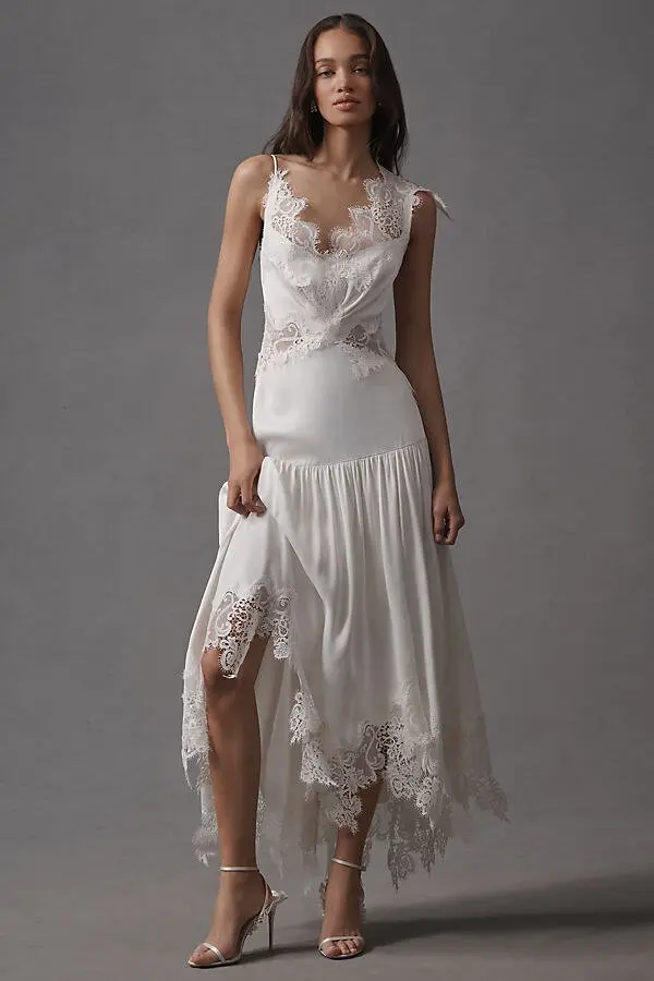 Bhldn Mixed Lace Drop-Waist Midi Dress White Editorialist