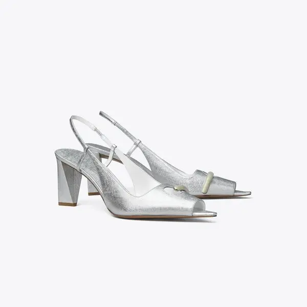 Tory Burch Pierced Peep-toe Slingback - Bright Silver/silver