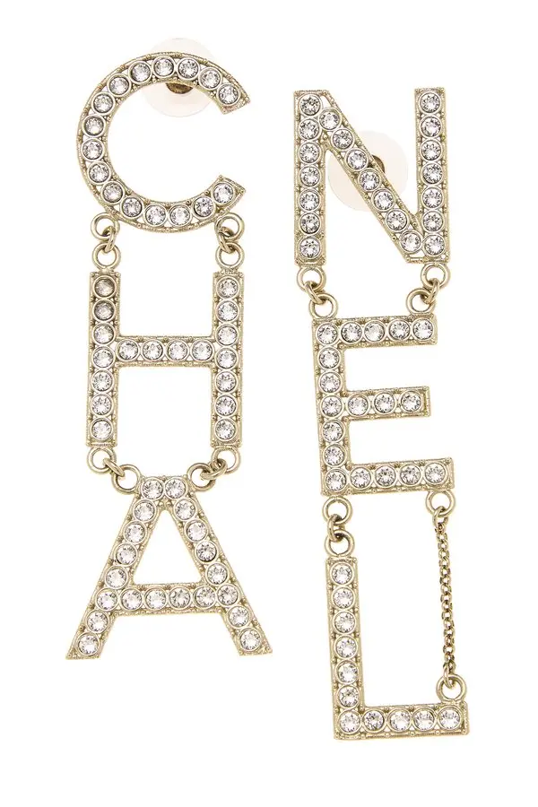 Chanel Crystal Logo Dangle Earrings - Gold