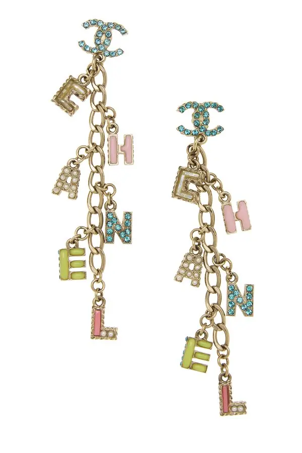 Chanel Crystal Logo Dangle Earrings - Multi