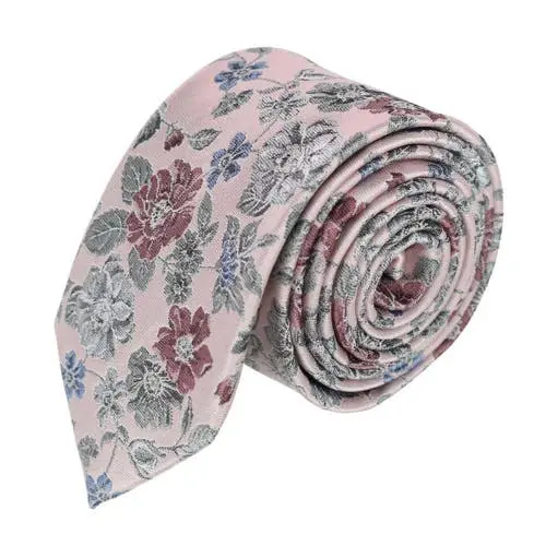 Trafalgar Nico Vine And Flower Patterned Silk Necktie - Pale Pink With Grey