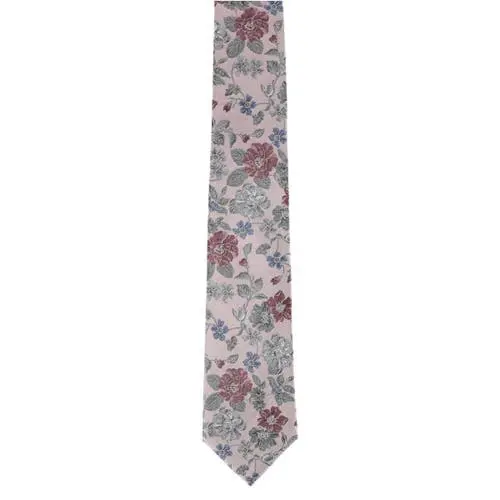 Trafalgar Nico Vine And Flower Patterned Silk Necktie - Pale Pink With Grey