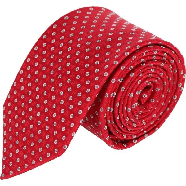 Trafalgar Ewing Square And Polka Dot Silk Necktie - Red With Silver Polka Dots