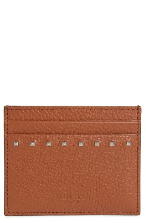 Valentino Garavani Rockstud Leather Card Holder - Saddle