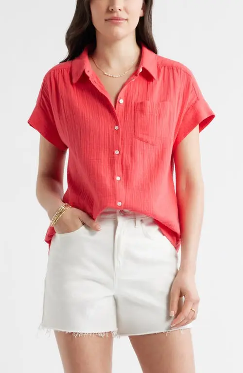Caslon Cotton Gauze Button-up Shirt - Red Geranium