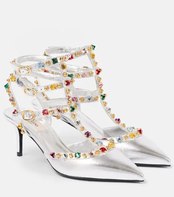 Valentino Garavani Rockstud 65 Embellished Leather Pumps - Silver