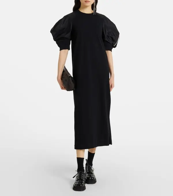 Sacai Puff-sleeve Cotton-blend Jersey Midi Dress