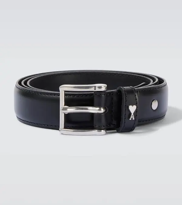 AMI Paris Leather Belt With Silver Tone Buckle - Black