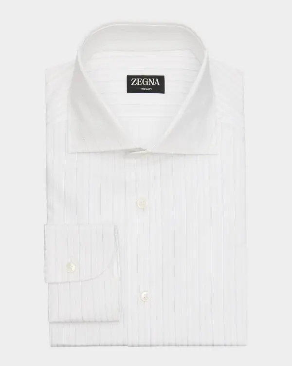 Zegna Trecapi Cotton Stripe Dress Shirt - White Blue Stripe