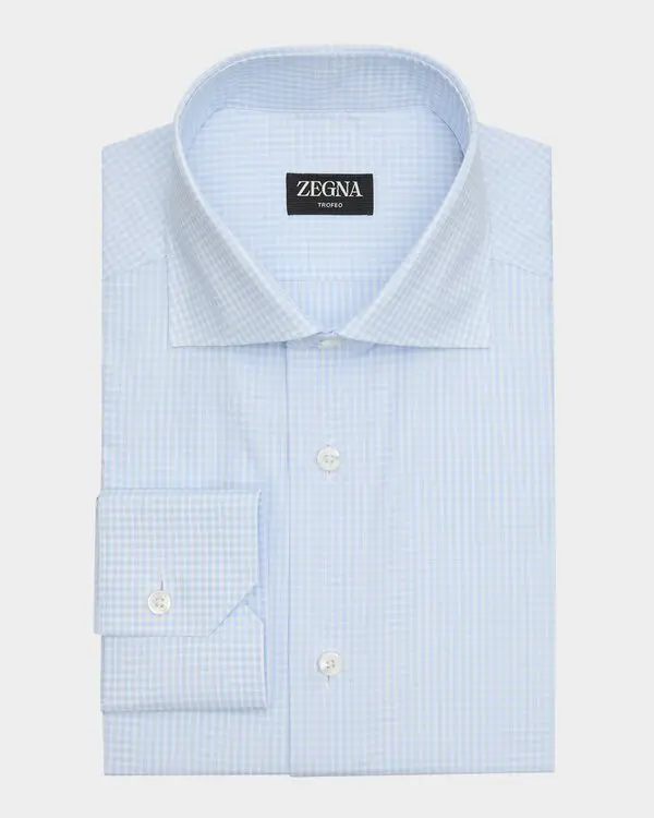 Zegna Micro-check Trofeo Cotton Dress Shirt - Br Blu Ck