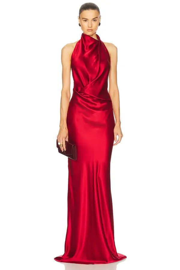 THE SEI Halter Drape Bias Gown - Cherry