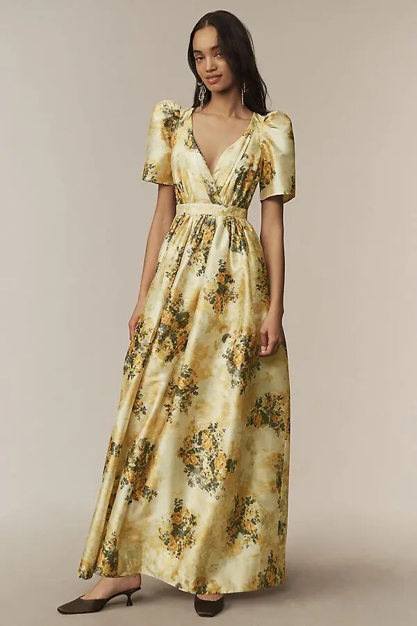 Bhldn Aurora Puff-sleeve Taffeta Maxi Dress - Multi Floral