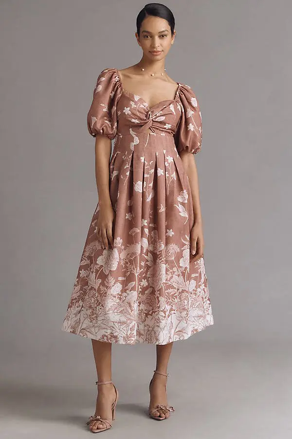 En Saison Monet Puff-Sleeve Midi Dress In Mauve - 79% Off