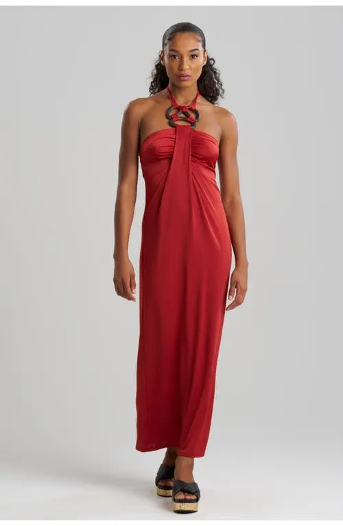 Natori Solid Jersey Halter Maxi Dress With Wood Rings - Red