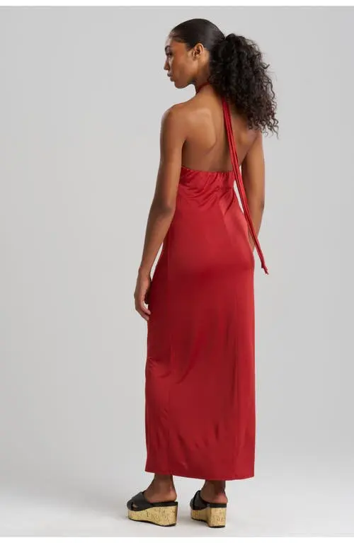Natori Solid Jersey Halter Maxi Dress With Wood Rings