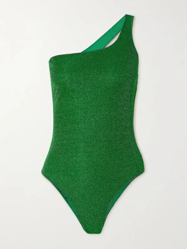 Oseree Shine One-shoulder Glittered Swimsuit - Green