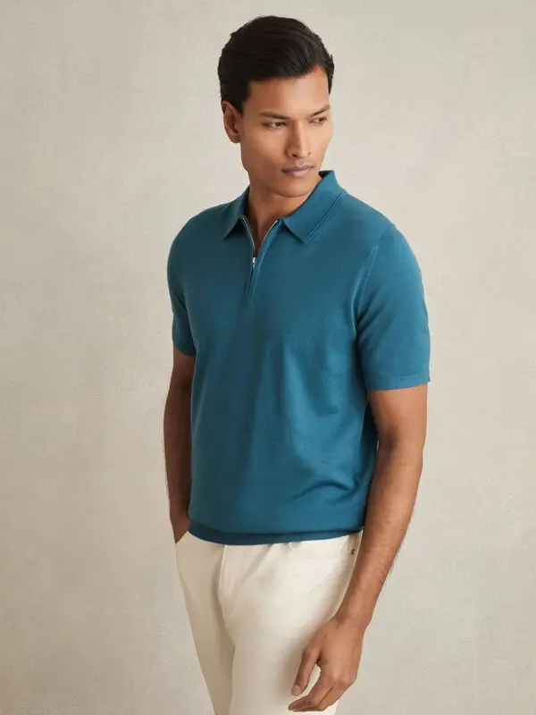 REISS Maxwell Wool Half-zip Polo Shirt - Deep Teal Blue