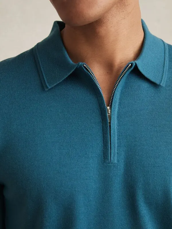 REISS Maxwell Wool Half-zip Polo Shirt - Deep Teal Blue