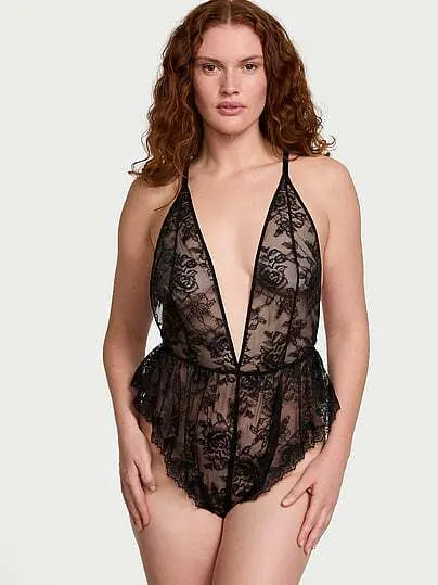 Victoria's Secret Very Sexy Rose Lace Plunge Flutter Romper - Black