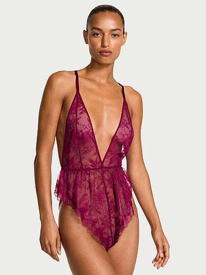 Victoria's Secret Very Sexy Rose Lace Plunge Flutter Romper - Pink