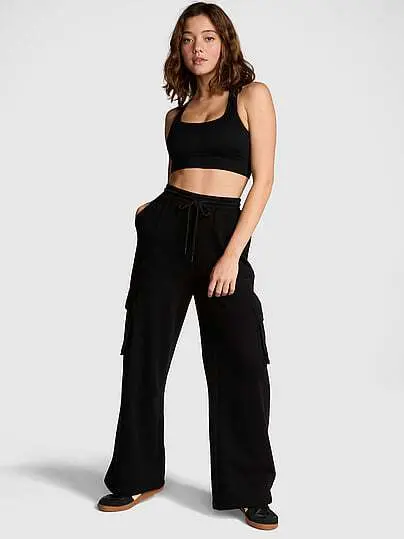 Pink Campus Fleece Wide-leg Cargo Sweatpants - Black