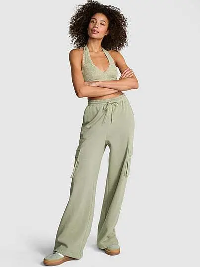 Pink Campus Fleece Wide-leg Cargo Sweatpants - Green