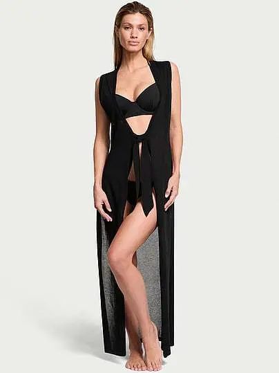Victoria's Secret Swim Beachwear Knit Tie-front Maxi Cover-up - Black