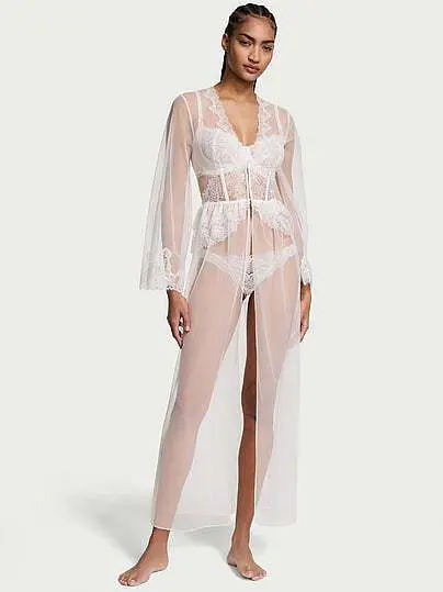 Victoria's Secret Very Sexy Rose Lace & Tulle Corset Long Robe - White,ivory