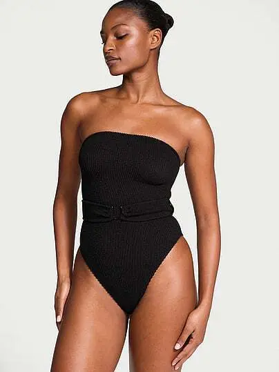 Victoria's Secret Crinkle Belted Strapless One-piece Swimsuit - Black