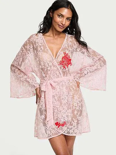 Victoria'S Secret Dream Angels Dare To Lace Short Robe In Pink - Main Image