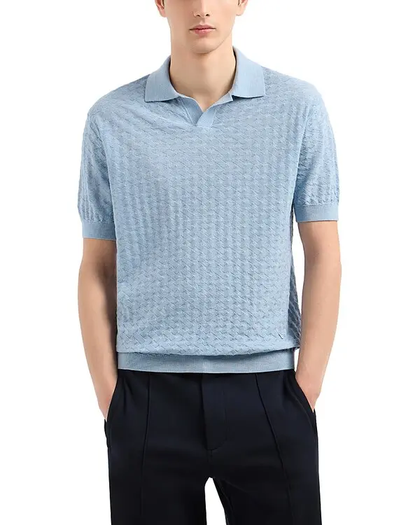 Emporio Armani Short Sleeved Knitted Wool Basketweave Pullover Polo Sweater - Light Blue