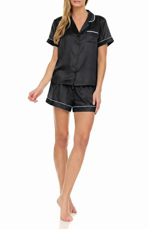 Flora Nikrooz Satin Short Pajamas With Faux Pearl Trim - Black