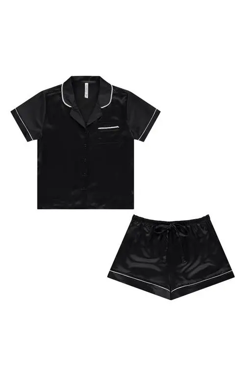 Flora Nikrooz Satin Short Pajamas With Faux Pearl Trim - Black
