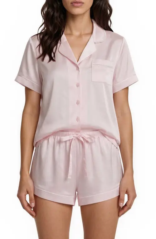 Flora Nikrooz Satin Short Pajamas With Faux Pearl Trim - Blush