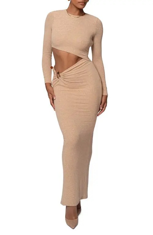 JLUXLABEL Cutout Long Sleeve Maxi Dress - Beige