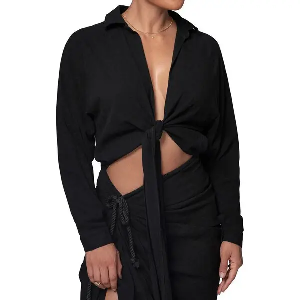 JLUXLABEL Soho Tie Front Crop Shirt - Black