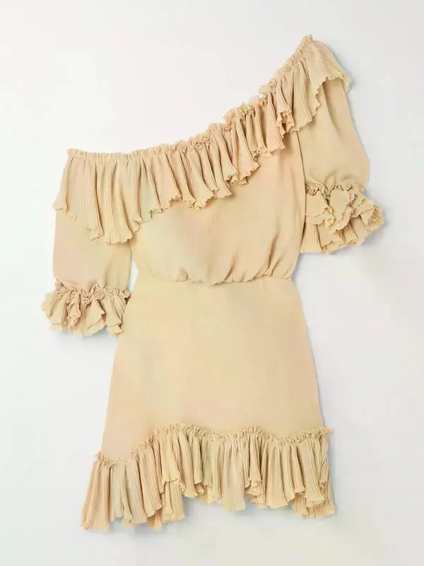 Saint Laurent Off-the-shoulder Ruffled Mini Dress - Neutrals