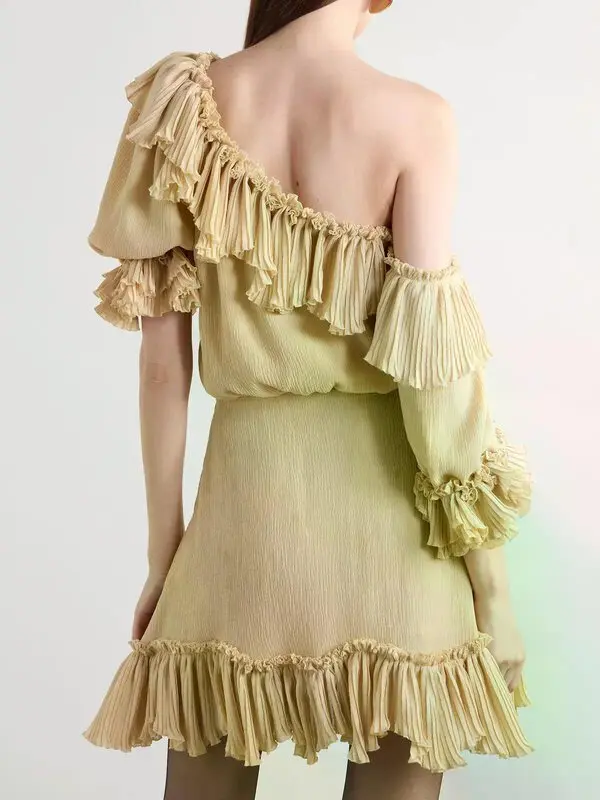 Saint Laurent Off-the-shoulder Ruffled Mini Dress - Neutrals