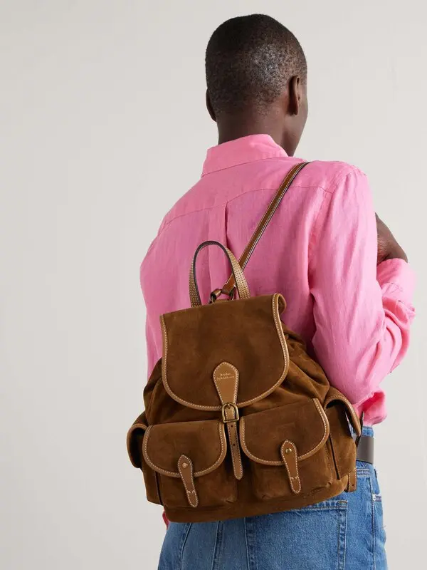 Ralph Lauren Bellport Leather-Trimmed Suede Backpack - Brown  display picture 1
