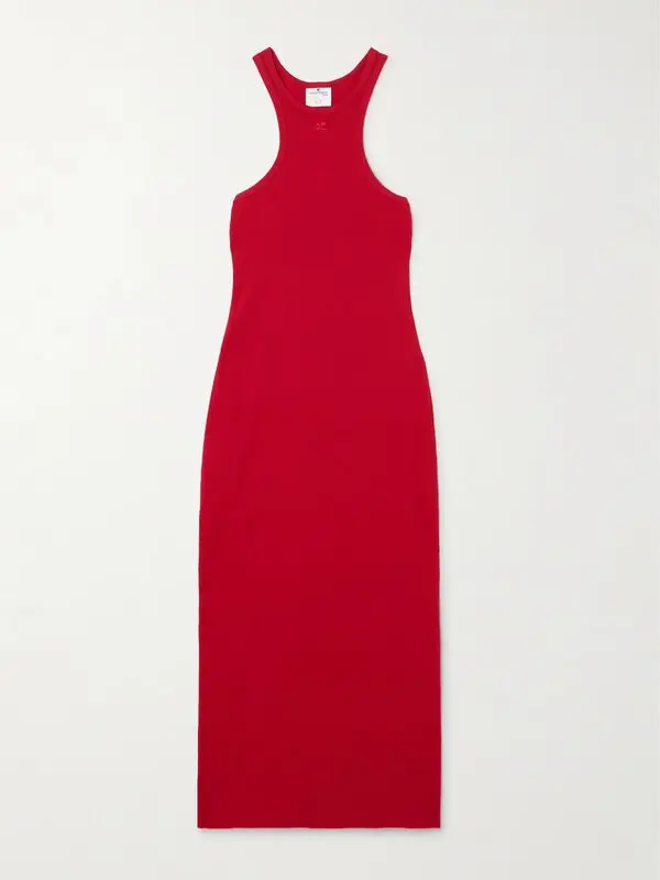 COURREGES Embroidered Ribbed Cotton-jersey Midi Dress - Red