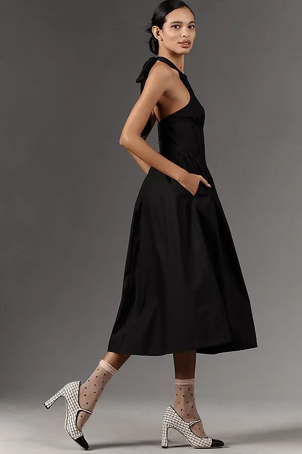 when were drop waist dresses popular Loris Azzaro 1970's Black Halter Gown with Rhinestone Embellishment