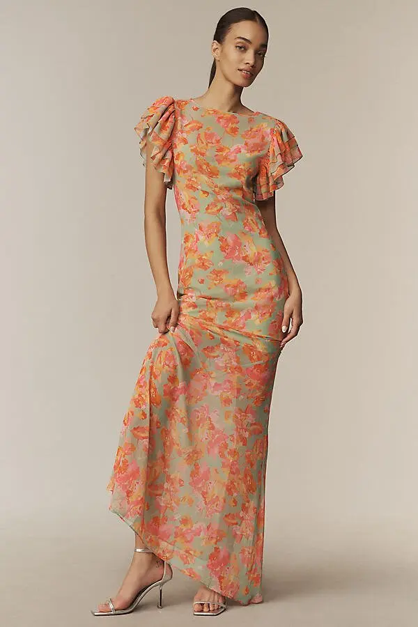 DE LA VALI Bougainvillea Maxi Dress - Art Deco Sage Floral