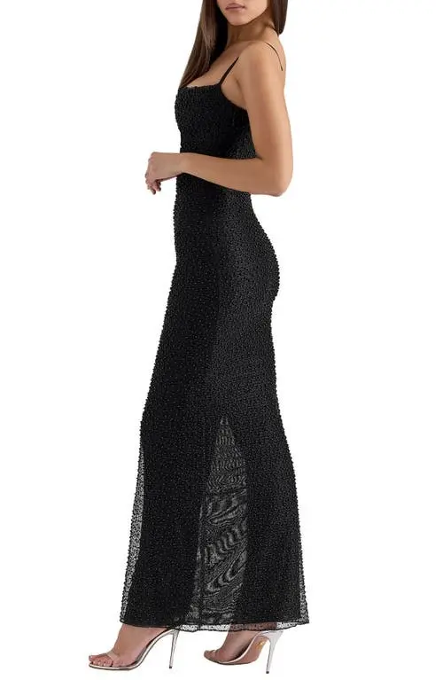 House Of Cb Calla Beaded Mesh Overlay Gown - Black