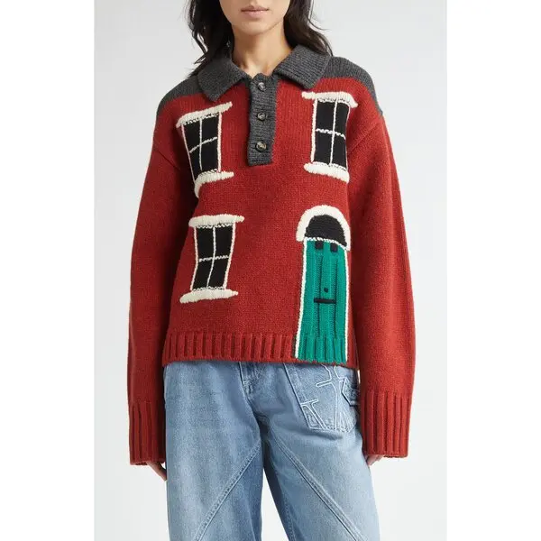 JW Anderson House Intarsia Wool Polo Sweater - Brick