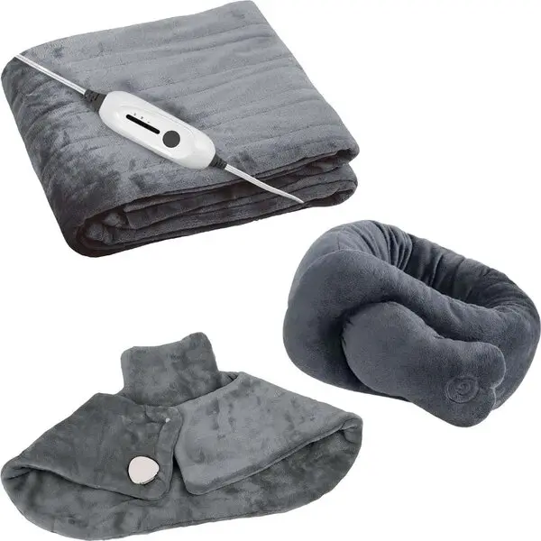 PURSONIC Ultimate Cozy Comfort & Relaxation Bundle Heated Blanket, Neck & Shoulder Heating Pad - Grey