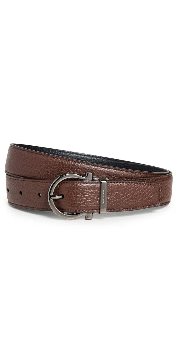 FERRAGAMO Single Gancio Pebbled Leather Belt - Cocoa Brown