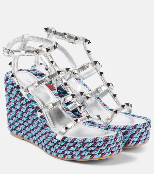 Valentino Garavani Rockstud Leather Espadrille Wedges - Silver
